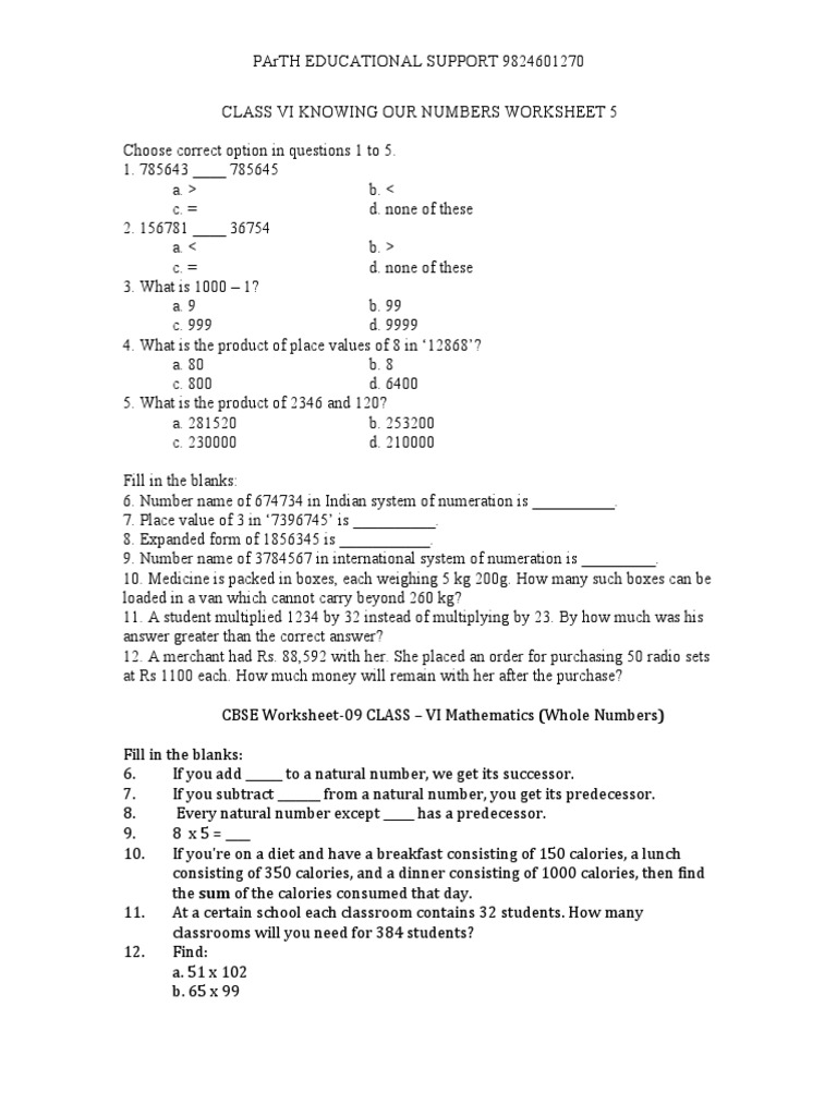 Class 6 Knowing Our Numbers Worksheet | PDF