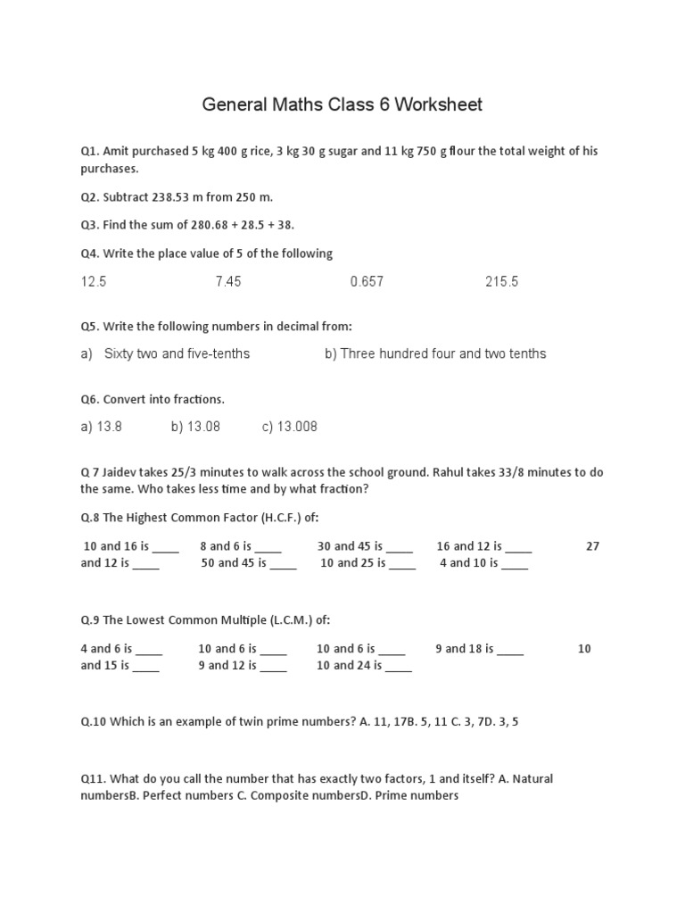 General Maths Class 6 Worksheet | PDF