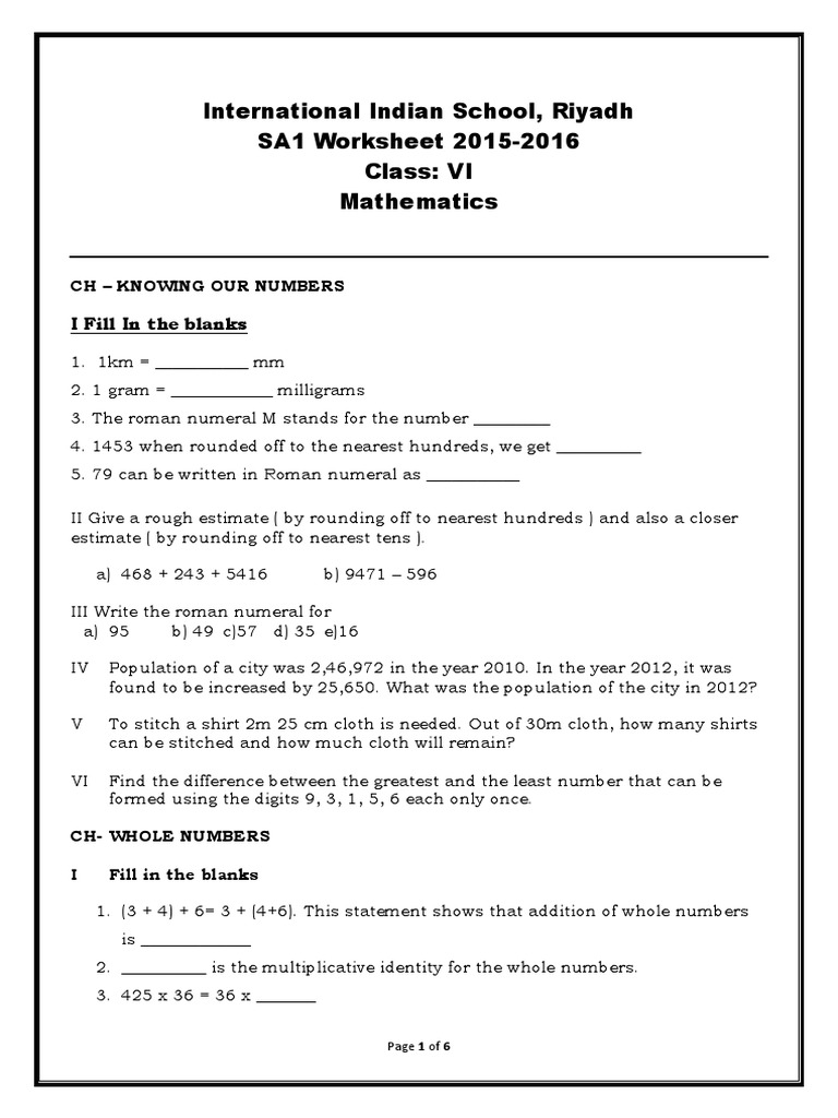 International Indian School, Riyadh SA1 Worksheet 2015-2016 Class: VI ...