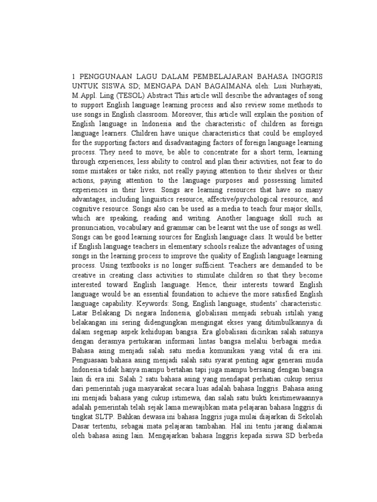 1 Penggunaan Lagu Dalam Pembelajaran Bahasa Inggris Untuk Siswa SD ...
