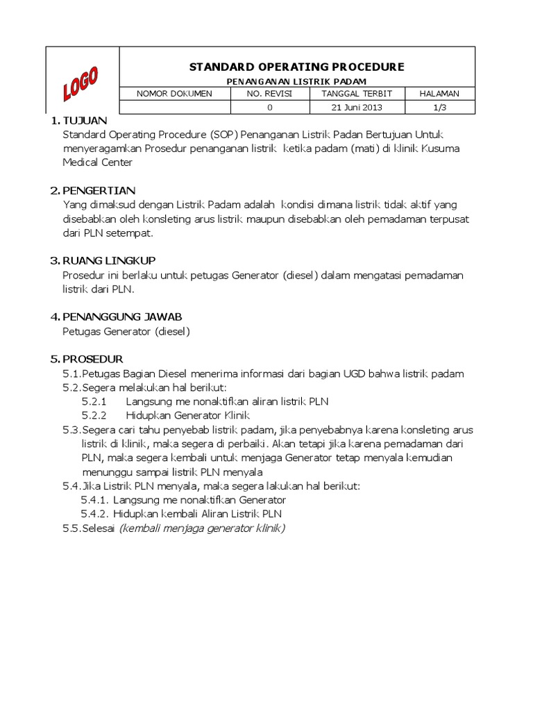 1.sop Penanganan Listrik Padam | PDF