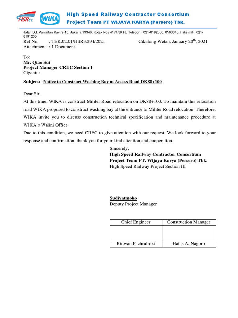 Letter To CREC - Notice To Construct Washing Bay at Access Road DK88 ...