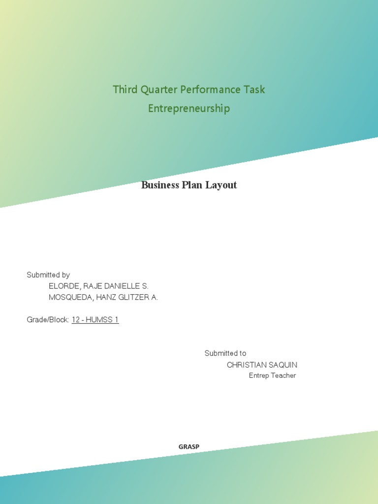Third Quarter Performance Task Entrepreneurship: Business Plan Layout ...