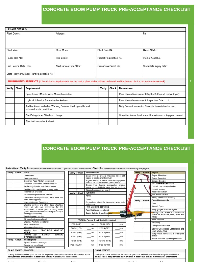 Concrete Boom Pump Truck Plant Pre Acceptance Checklist | PDF | Truck ...