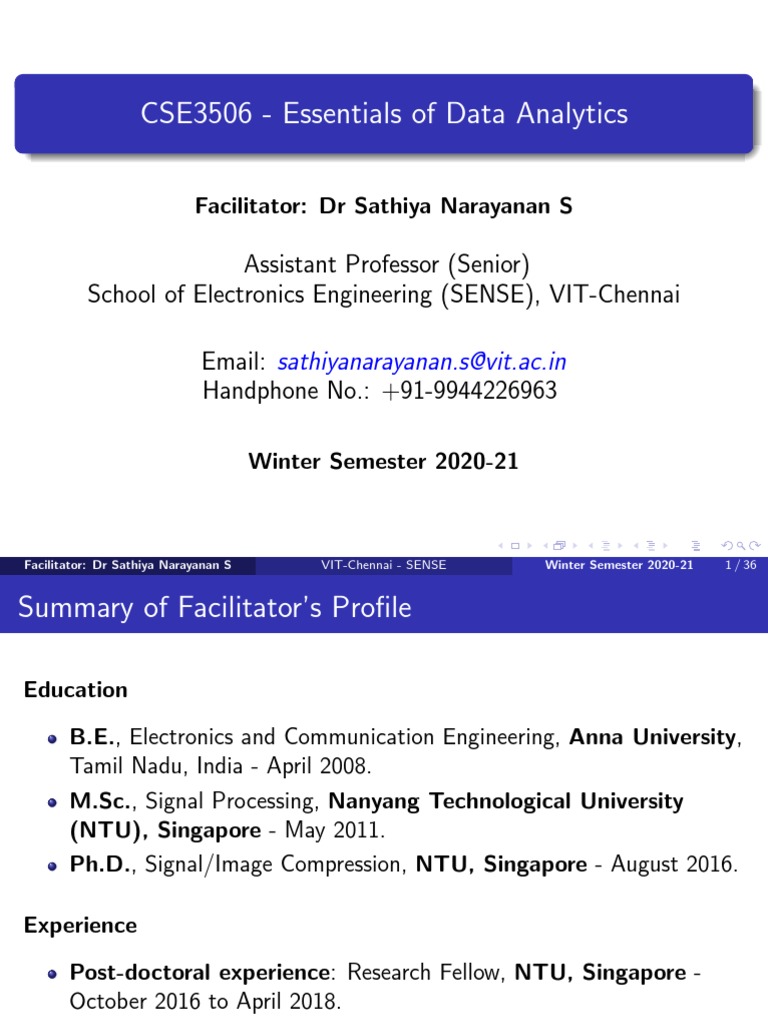 CSE3506 - Essentials of Data Analytics: Facilitator: DR Sathiya Narayanan S | PDF | Regression ...