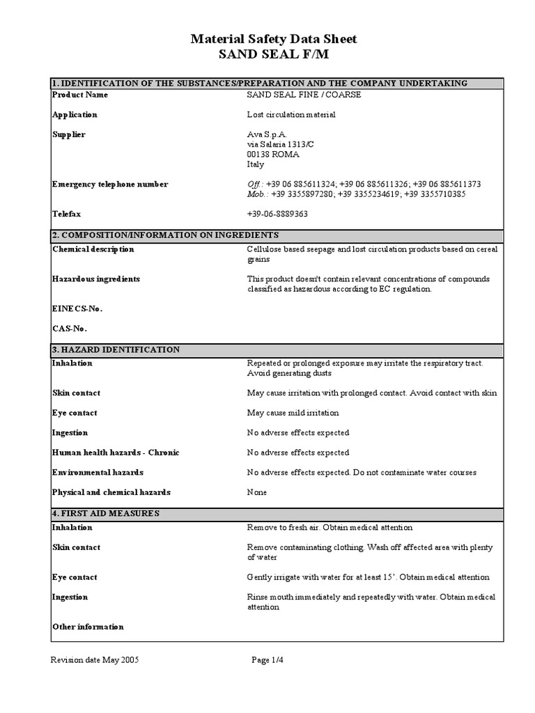 Material Safety Data Sheet Sand Seal F/M | PDF | Personal Protective ...
