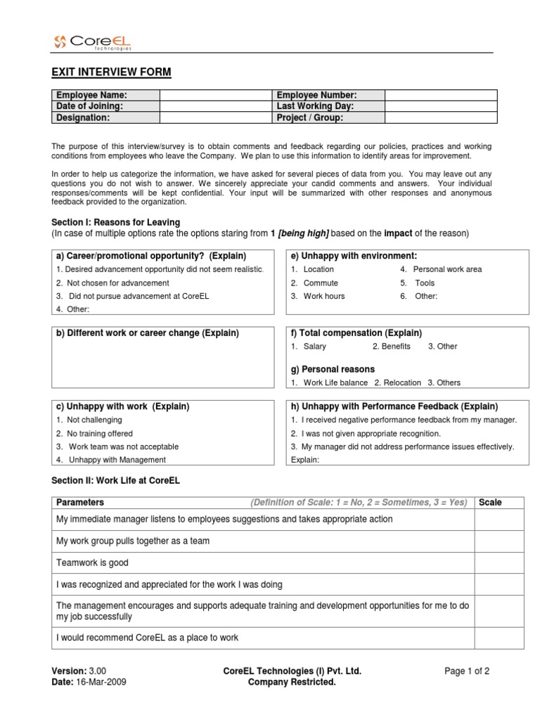Exit Interview Form: (Definition of Scale: 1 No, 2 Sometimes, 3 Yes ...