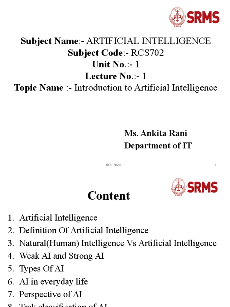 Subject Name:-Artificial Intelligence Subject Code: - RCS702 Unit No ...