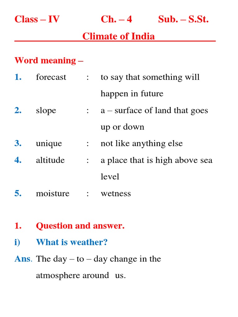 Class - IV Ch. 4 Climate of India | PDF