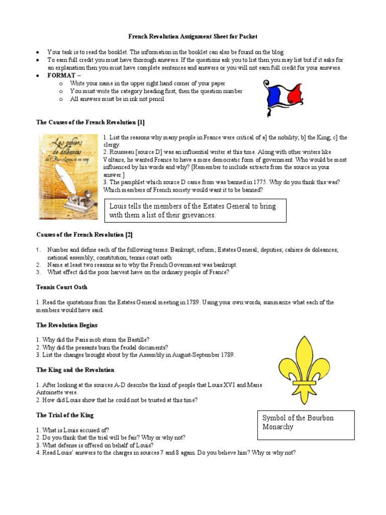 French Revolution Assignment Sheet For Packet | PDF | Reign Of Terror ...