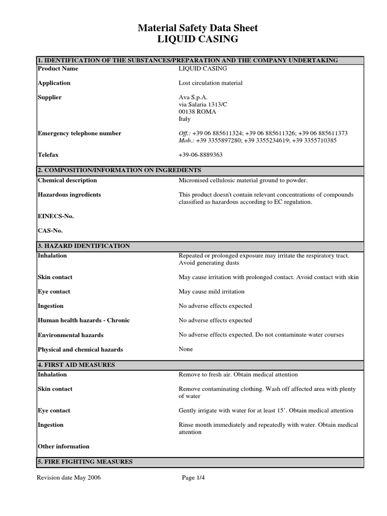Material Safety Data Sheet Liquid Casing | PDF | Materials | Workplace