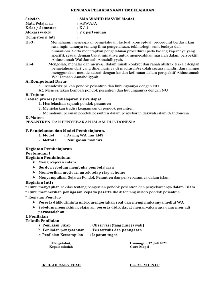 RPP Aswaja X Ganjil Sma Wahas | PDF