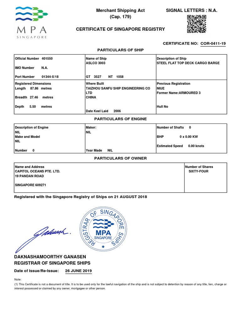 MPA Permanent Certificate of Registry | PDF | Ships | Transport