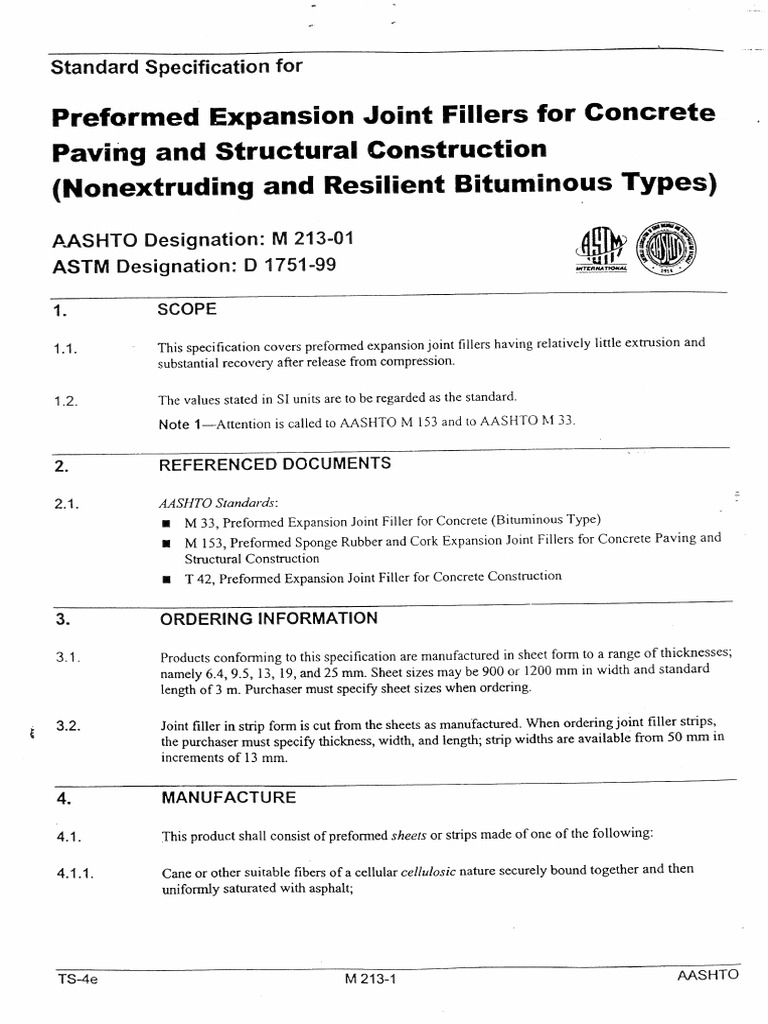 AASHTO M 213-01 Standard Specification For Preformed Expansion Joint ...