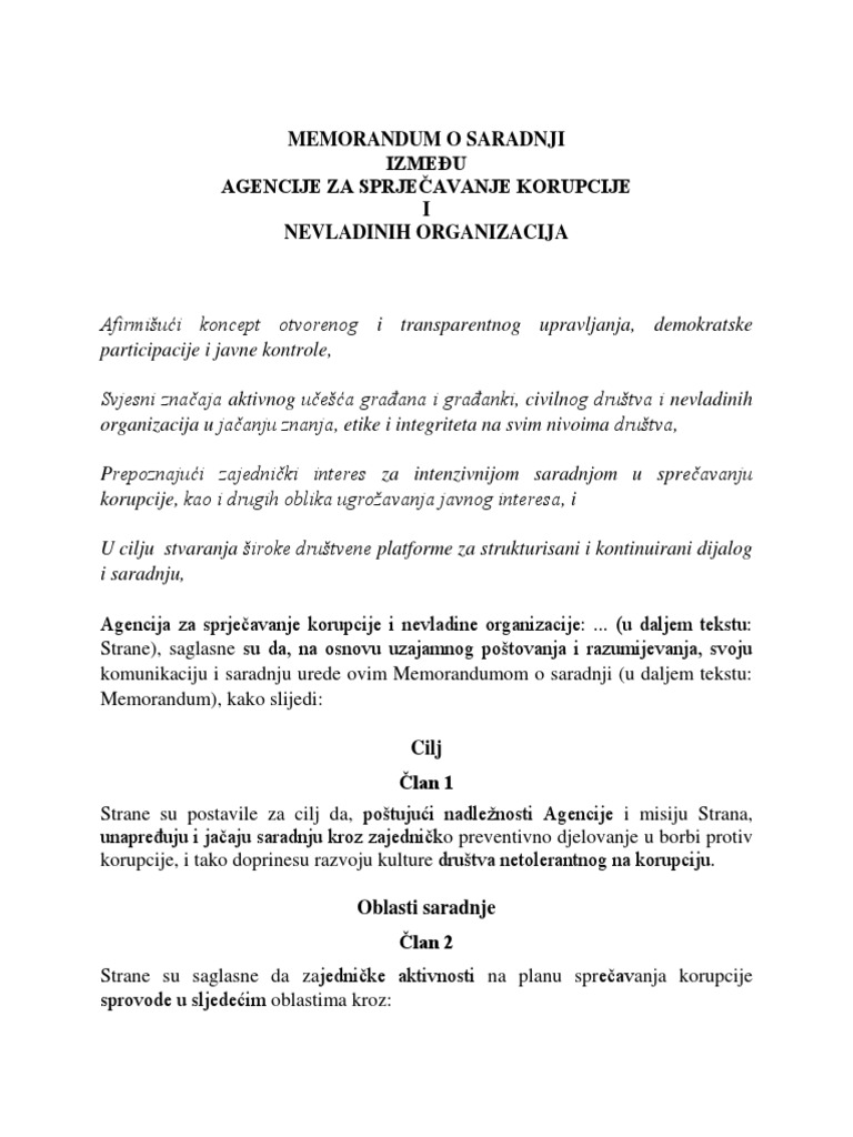 Primjer Memoranduma o Saradnji | PDF