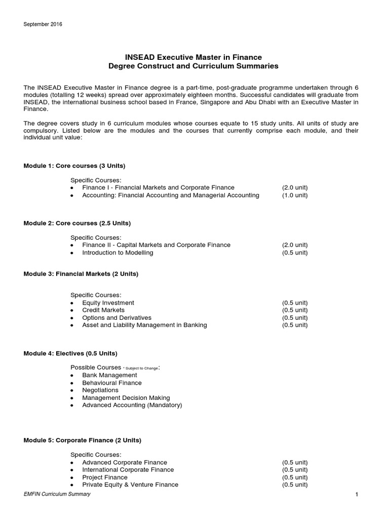 INSEAD - Executive Master in Finance - Curriculum | PDF | Modern ...