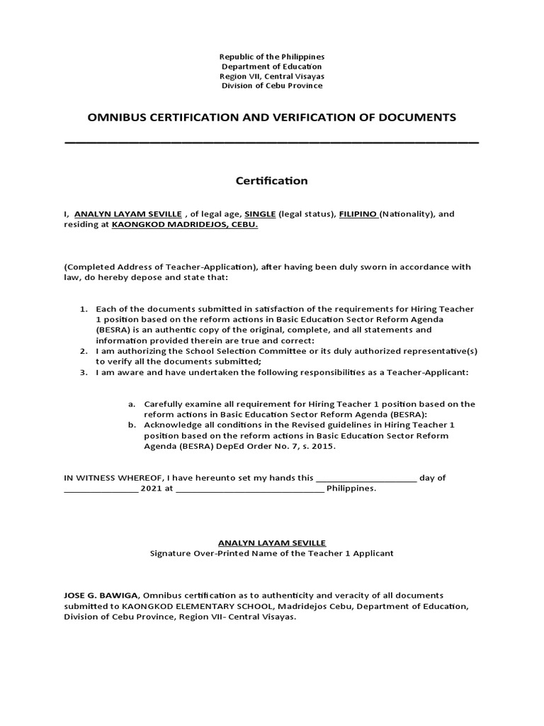 Omnibus Certification and Verification of Documents | PDF | Career & Growth