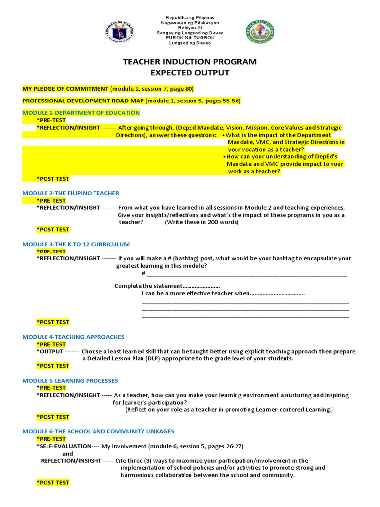 Teacher Induction Program Expected Outputs: Professional Development ...