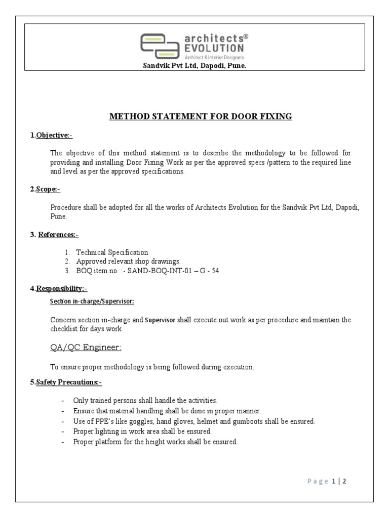 Method Statement For Door Fixing: Sandvik PVT LTD, Dapodi, Pune | PDF ...
