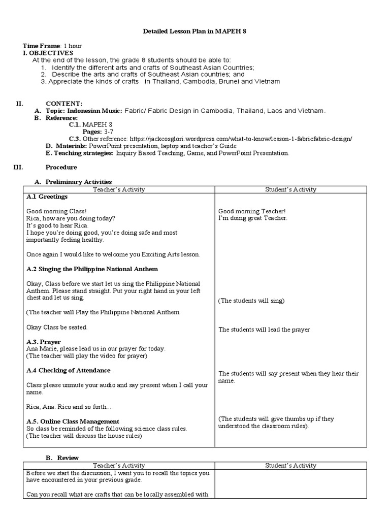 Week 1 Mapeh 8 Art | PDF | Teachers | Silk