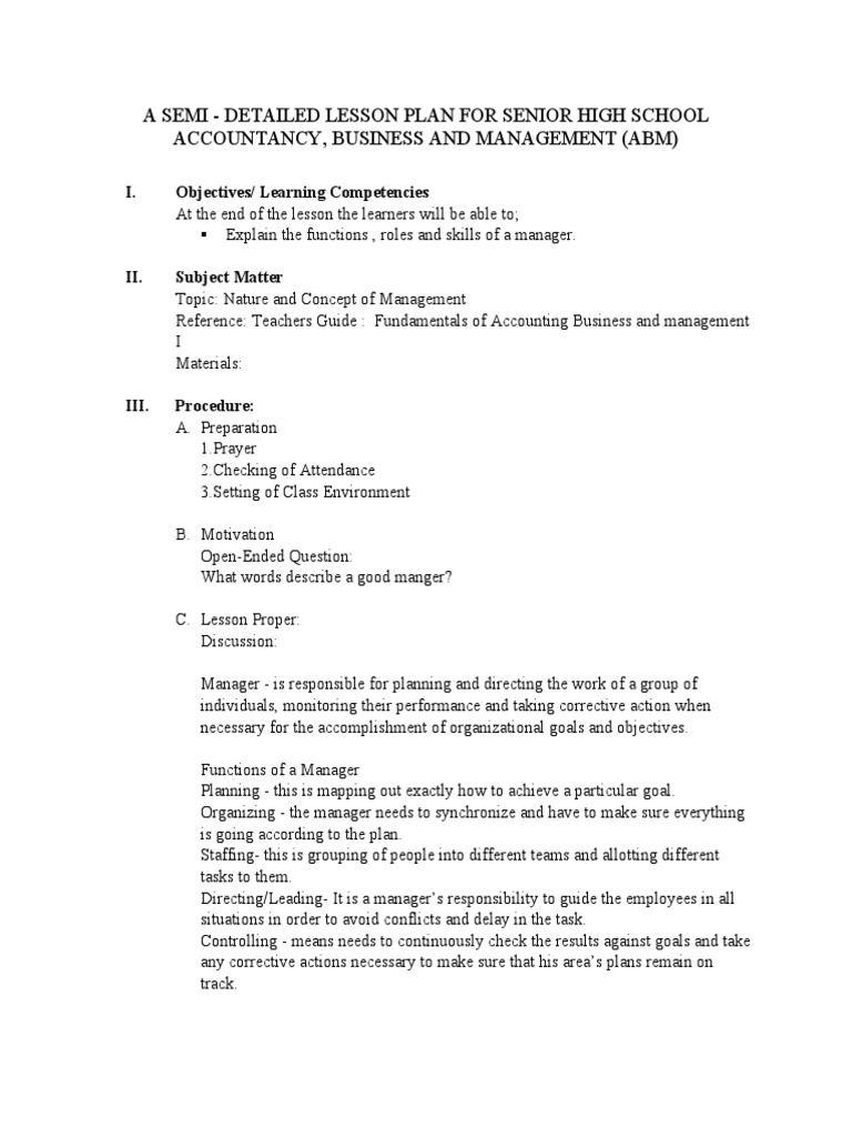 Management Functions and Roles Lesson Plan | PDF | Lesson Plan | Cognition
