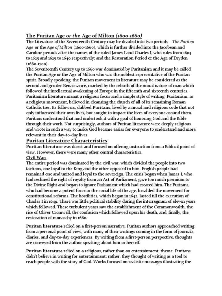 The Puritan Age or The Age of Milton (1600-1660) | PDF | Puritans