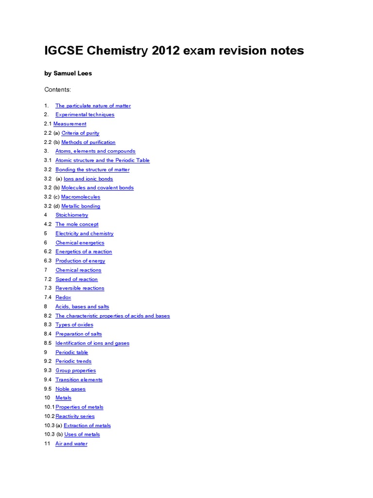 IGCSE Chemistry 2012 Exam Revision Notes: by Samuel Lees | PDF | Redox ...