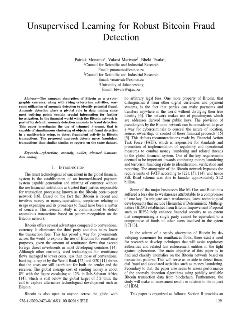 Unsupervised Learning For Robust Bitcoin Fraud Detection | PDF | Cluster Analysis | Bitcoin