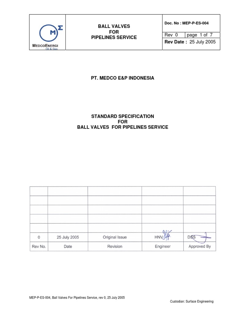 MEP-P-ES-004-Ball Valves For Pipelines Service | PDF | Pipe (Fluid ...