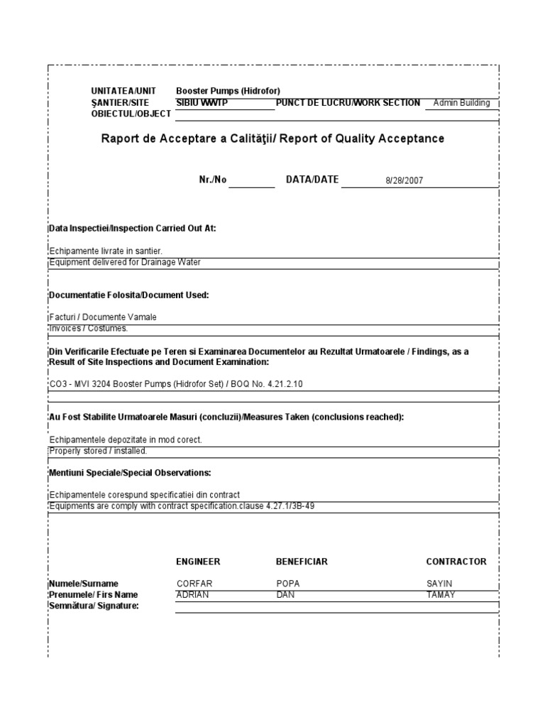 Raport de Acceptare A Calităţii/ Report of Quality Acceptance | PDF