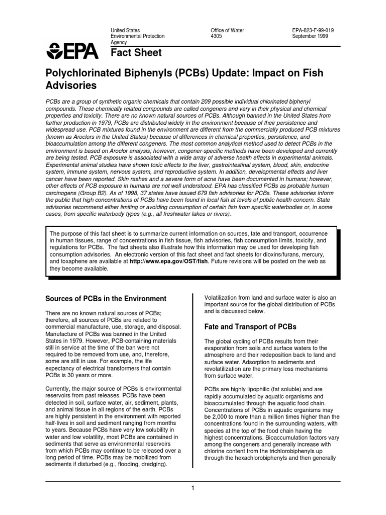 Fact Sheet Polychlorinated Biphenyls (PCBS) Update: Impact On Fish ...