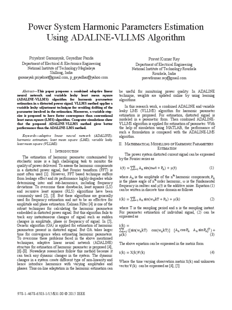 Power System Harmonic Parameters Estimation Using ADALINE-VLLMS Algorithm | PDF | Signal To ...