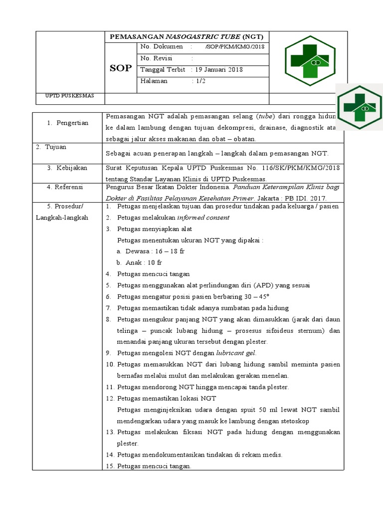 SOP Pemasangan NGT Up | PDF
