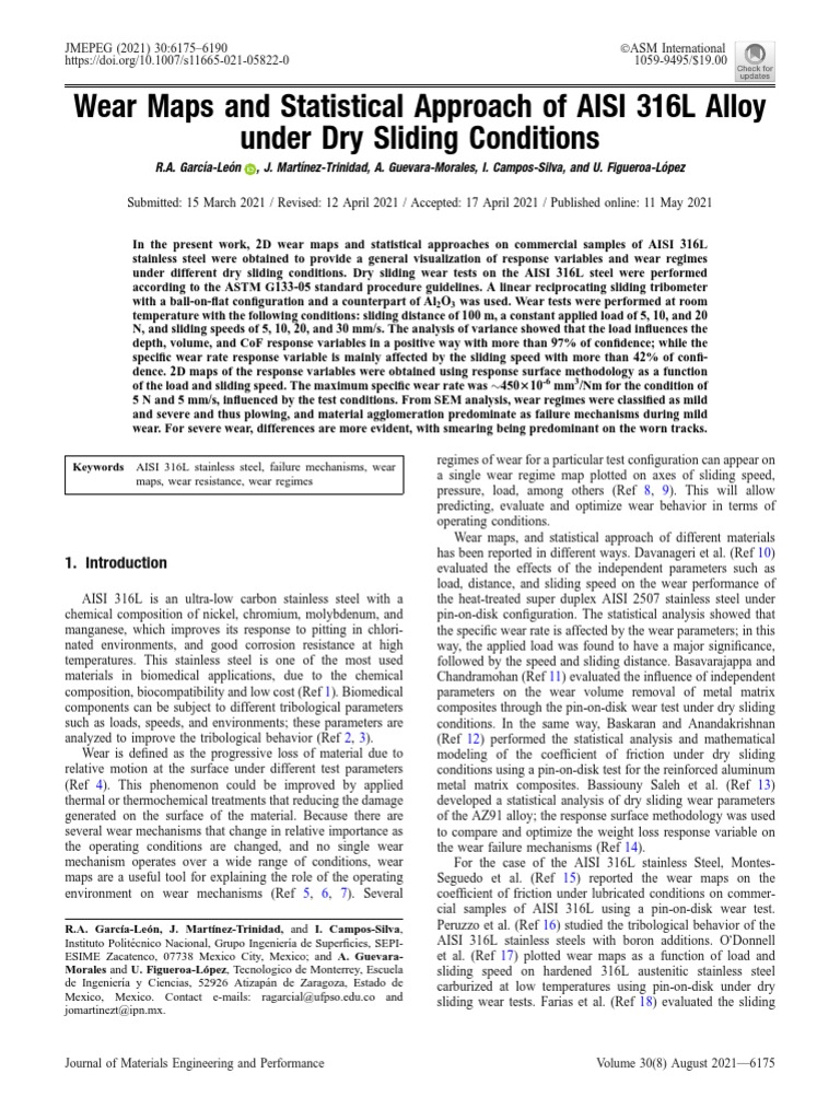 Wear Maps and Statistical Approach of AISI 316L Alloy Under Dry Sliding ...