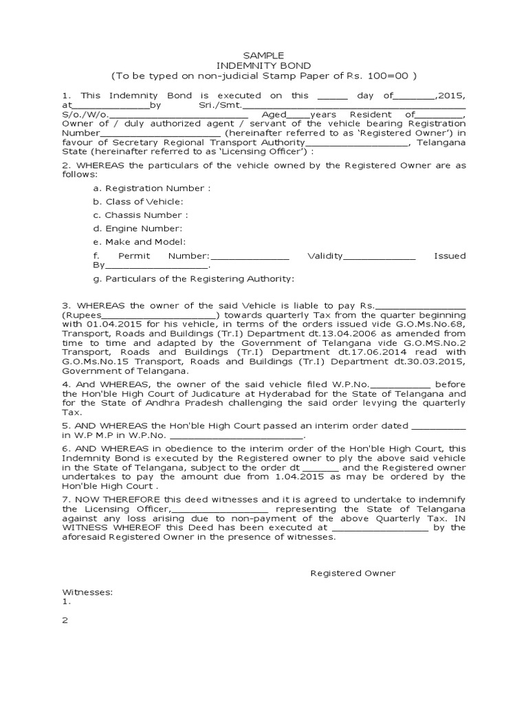 Sample Indemnity Bond 02042015 | PDF | Indemnity | Economies