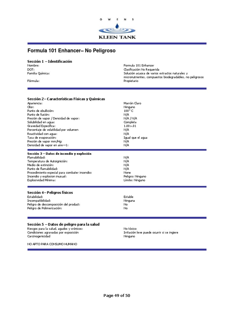 MSDS Formula 101 Enhancer - No-Peligroso - Español | PDF | Agua | Química