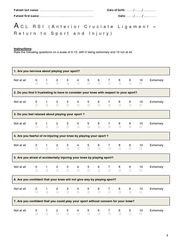 ACL-RSI knee injury return to sport questionnaire | PDF | Clinical ...