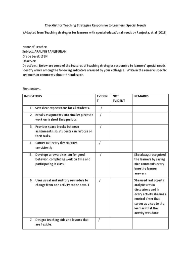 Checklist For Teaching Strategies Responsive To Learners | PDF ...