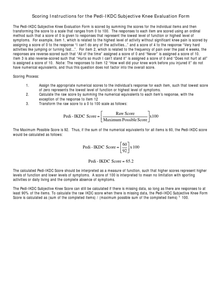Scoring Instructions For The Pedi-IKDC Subjective Knee Evaluation Form ...