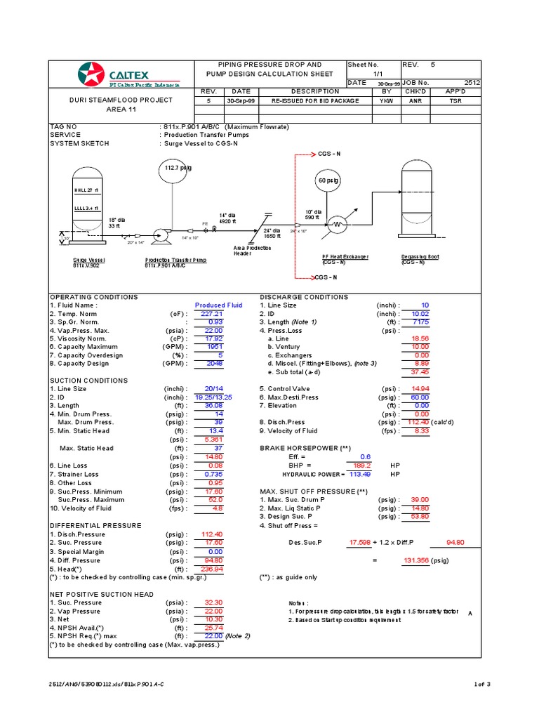 Piping Pressure Drop and Pump Design Calculation Sheet: PT Ca Ltex ...