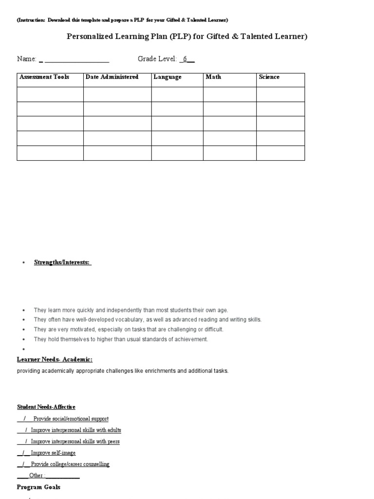 Personalized Learning Plan Template For Gifted and Talented Learner ...