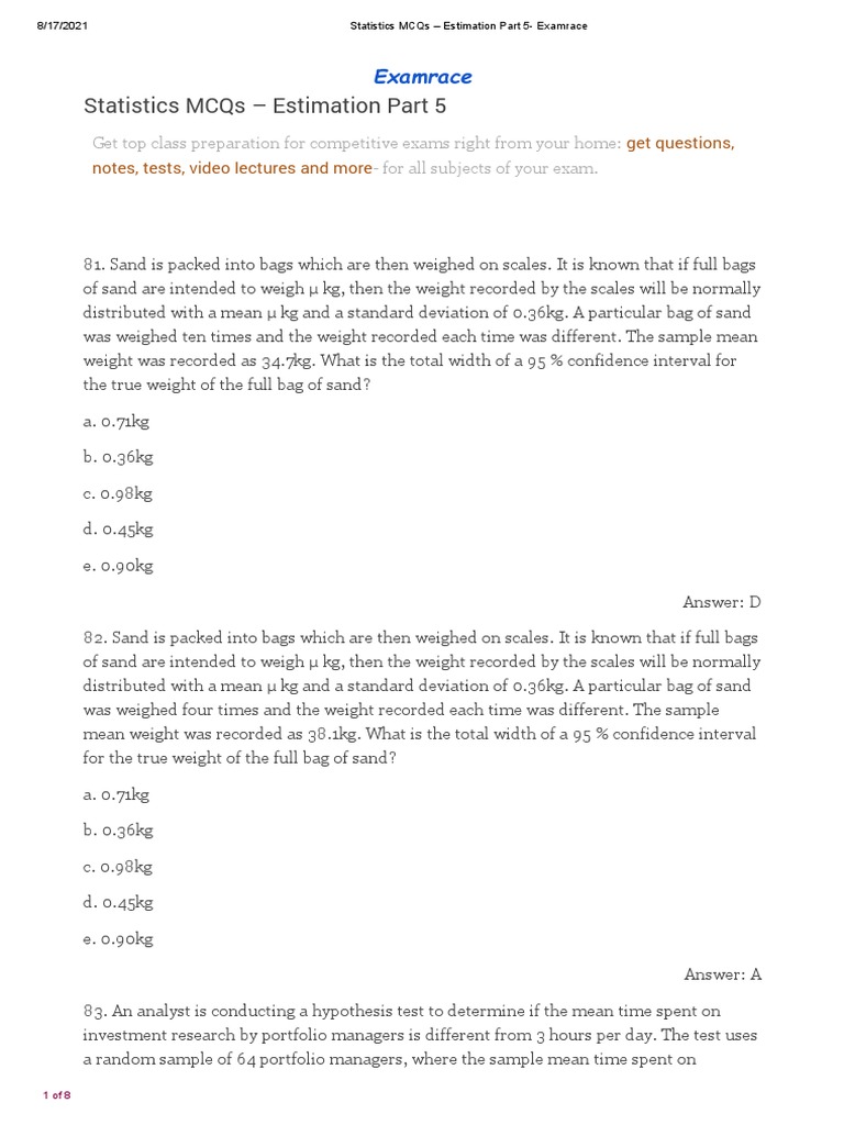 Statistics Mcqs - Estimation Part 5: Examrace | Download Free PDF ...
