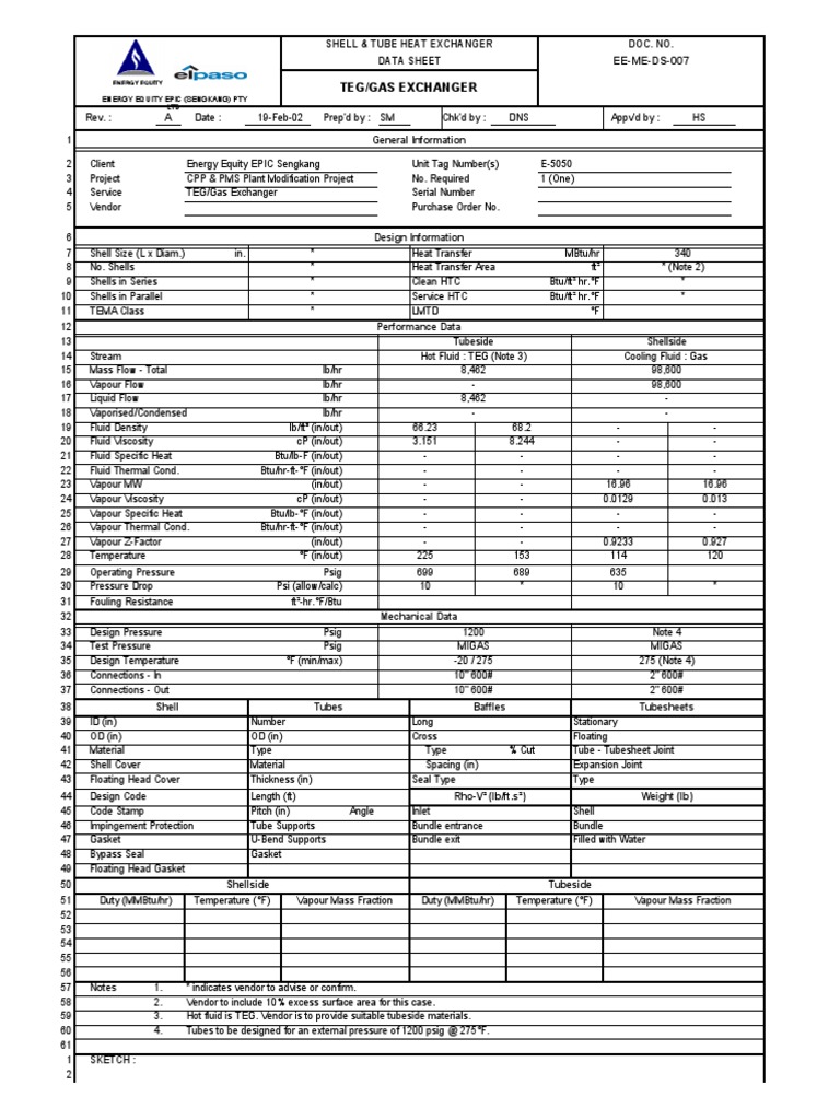 TEG Gas Exchanger Data Sheet | PDF | Heat Exchanger | Pressure