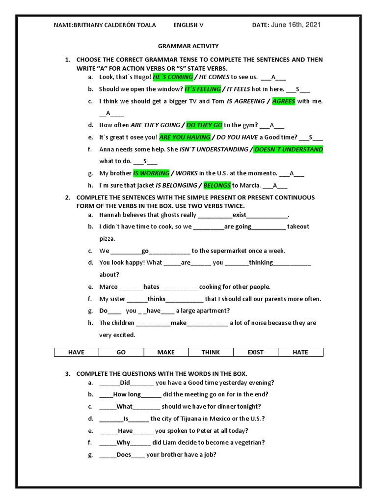 Grammar Skills: Analyzing Verb Tenses and Completing Sentences with ...