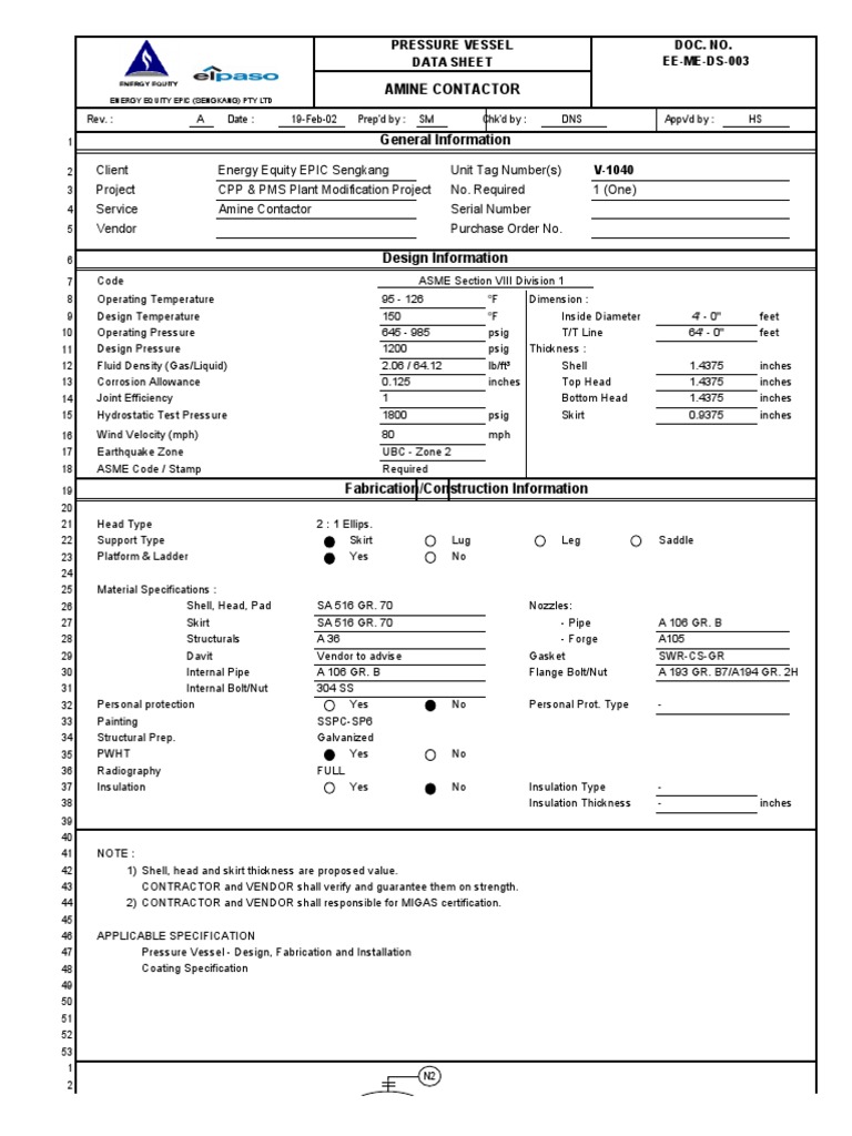 Data Sheet Amine Contactor (V-1040) | PDF | Pressure | Mechanical ...