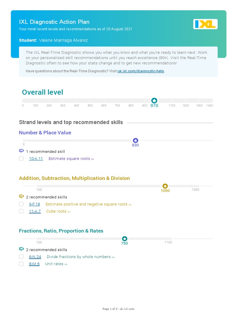 Overall Level: IXL Diagnostic Action Plan | Download Free PDF | Area ...