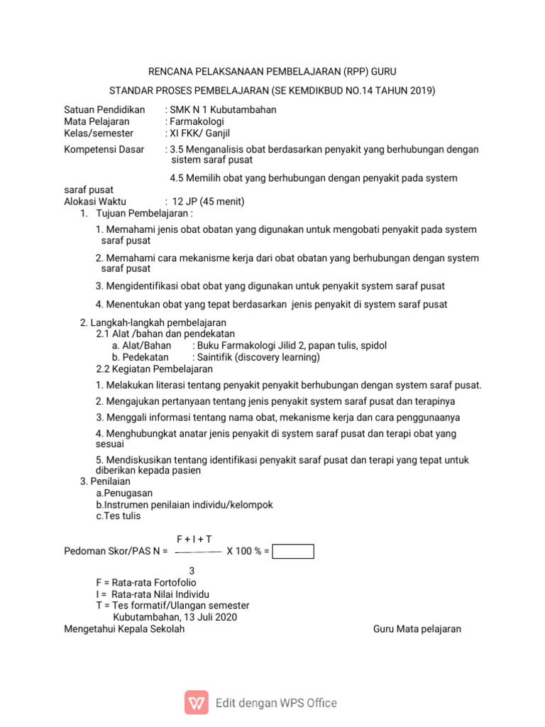 RPP Farmakologi KD 3.5 4.5 Obat SSP Xi FKK | PDF