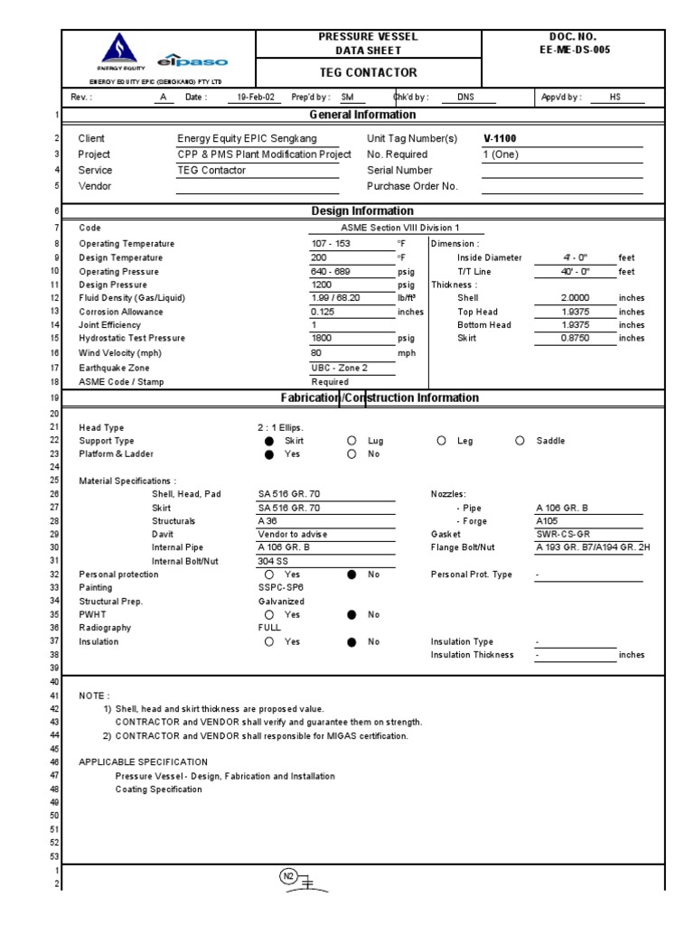 Pressure Vessel Data Sheet: TEG Contactor for Energy Equity EPIC ...