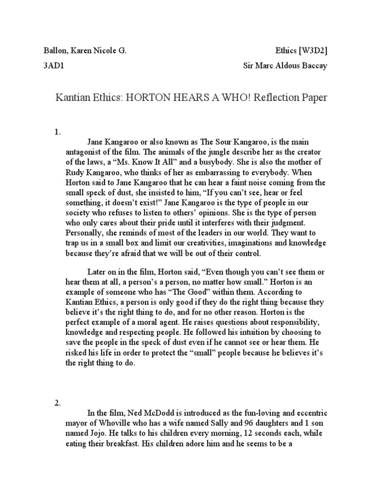 Kantian Ethics HORTON HEARS A WHO Reflection Paper | PDF | Reason ...