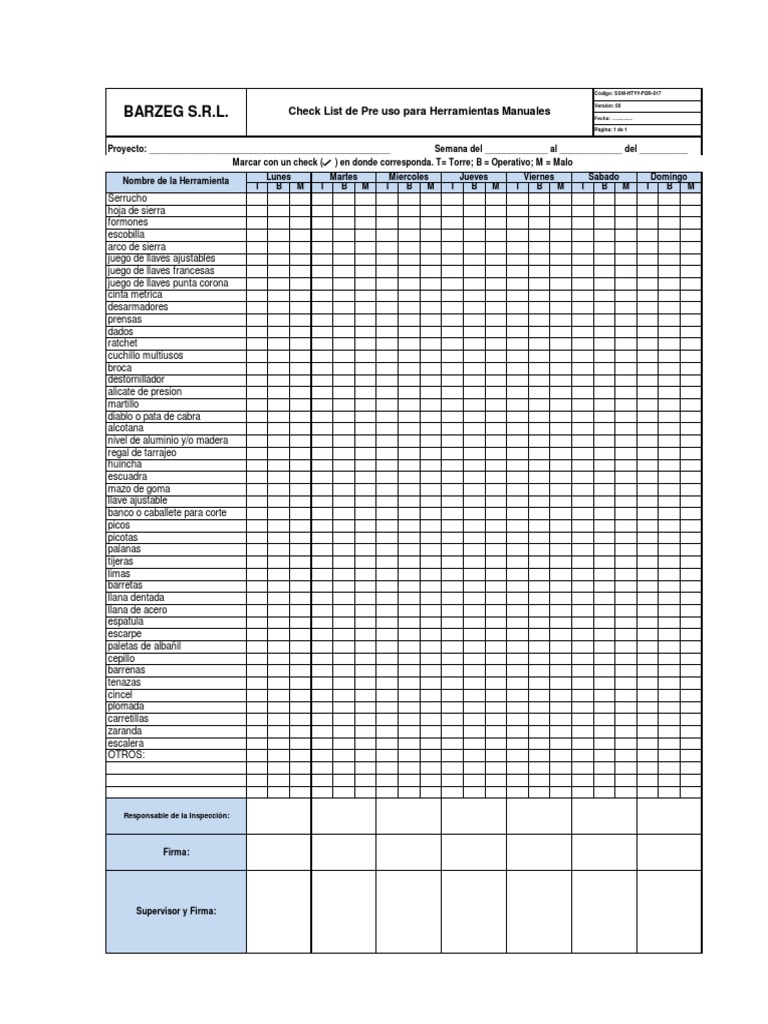 Check List de Pre Uso para Herramientas Manuales | PDF